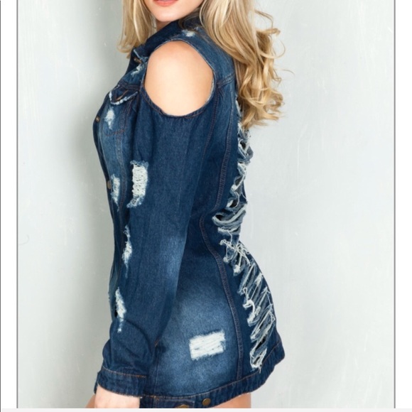 Jackets & Coats | Dark Denim Cold Shoulder Slashed Back Jean Jacket ...